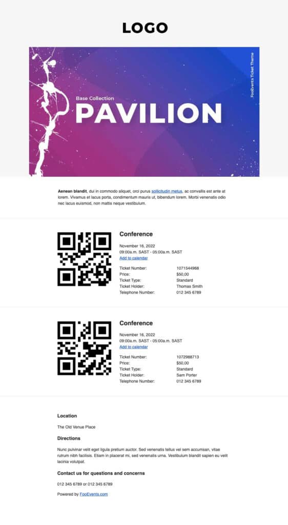 Pavilion Ticket Theme - FooEvents